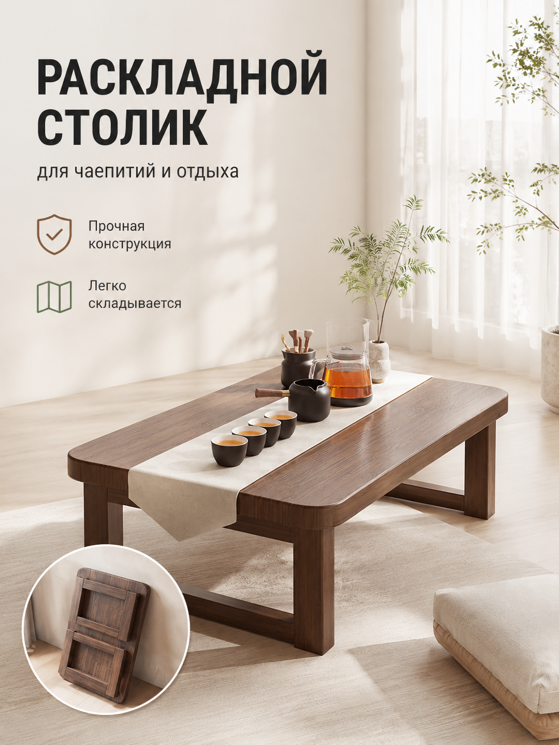 Низкий складной стол 80×40×40 см, орех, для чаепития на полу и работы с ноутбуком