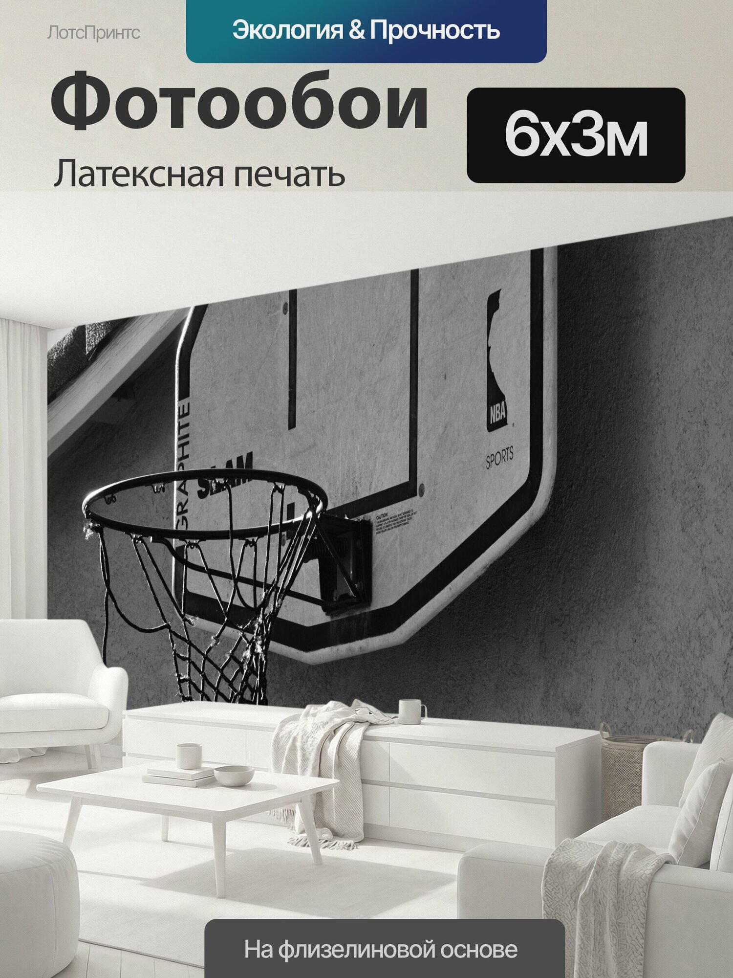 Фотообои моющиеся ударопрочные "Износ Баскетбол Хооп Баскетбольное кольцо на крючок над гаражом с рваными сети. Обруч, который видел много часов." 600x300 см. латексная печать