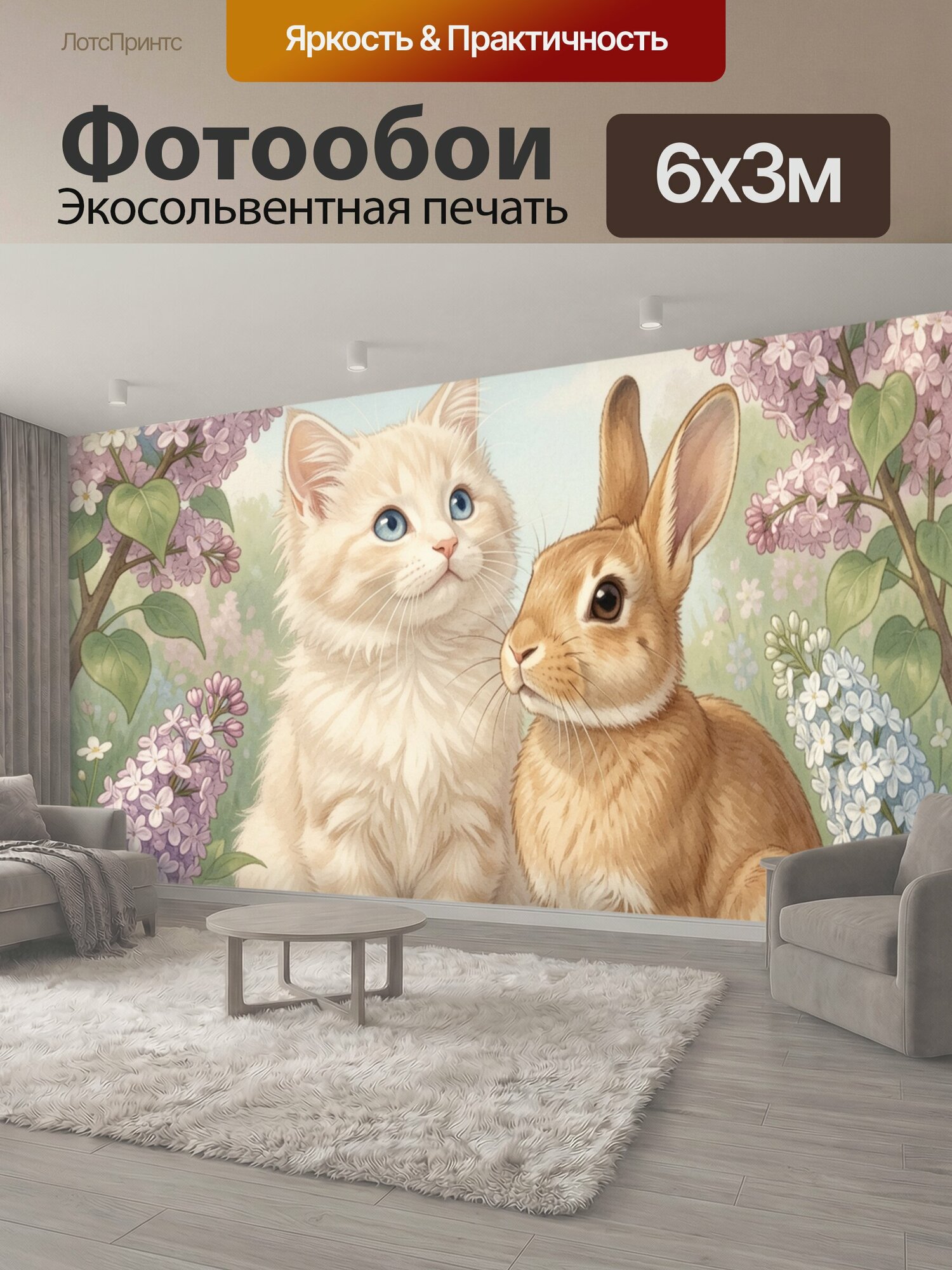 Фотообои "Котенок и кролик среди сирени. Нежная иллюстрация с белым пушистым котиком и рыжим зайцем в цветущем саду. Пастельные тона." 600x300 см. экосольвентная печать