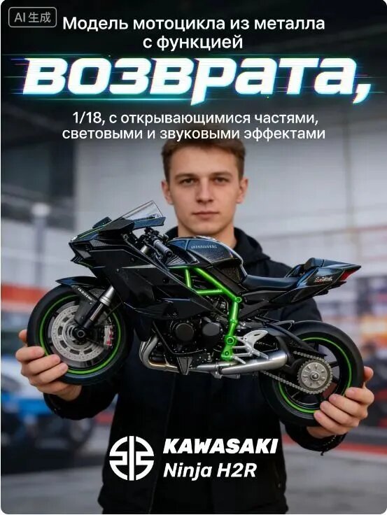 Mотоцикл игрушка Kawasaki Ninja H2R,1:18, Инерционное торможение, Игрушки для мальчиков. со стендом