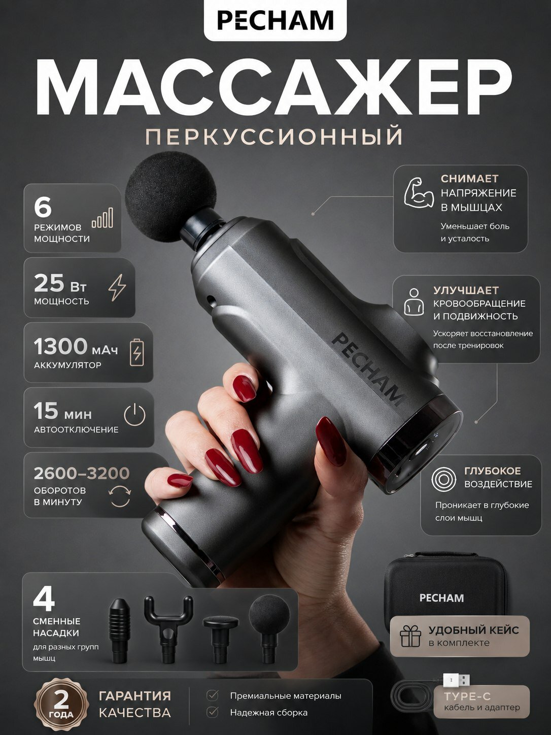 Перкуссионный массажер для тела PECHAM PC-1300 электрический, для спины шеи и плеч, массажный пистолет 8 режимов
