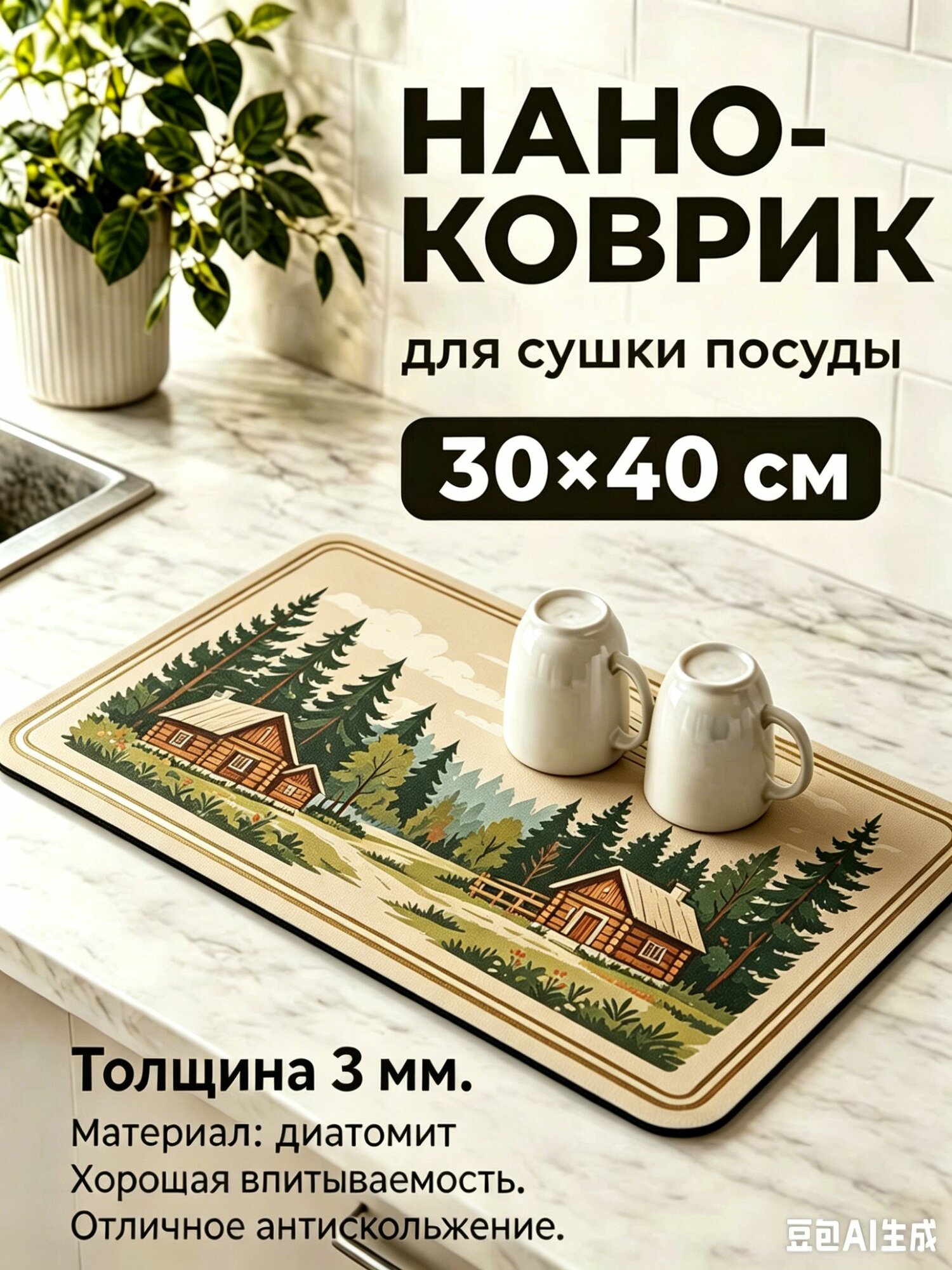 Коврик для сушки посуды, 40 см х 30 см , 1 шт