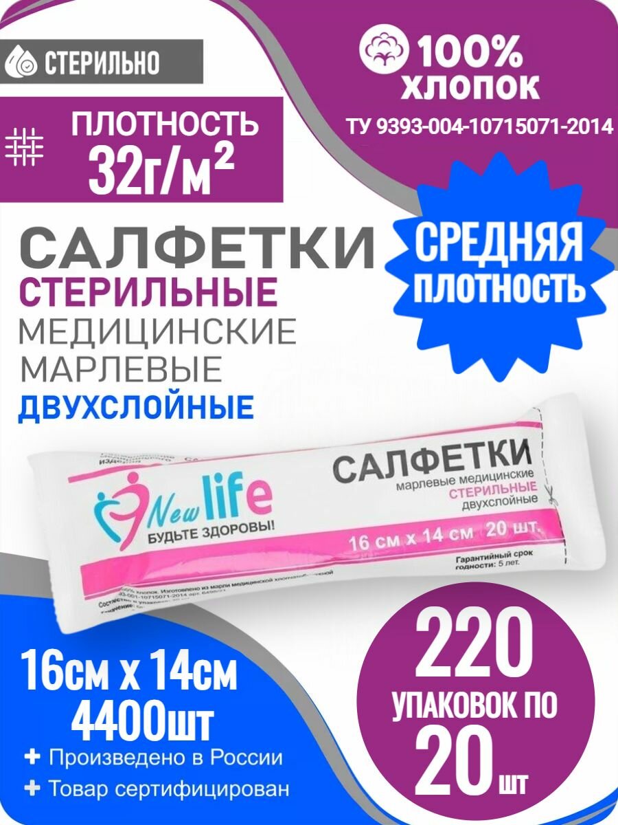 Марлевые салфетки стерильные двухслойные 16х14 см. 220уп по 20шт плотность 32гр
