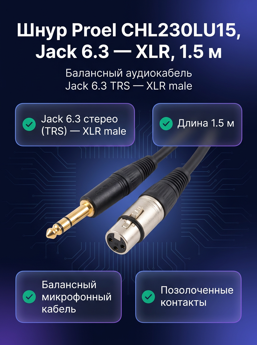 Шнур Jack 6,3- XLR M, стерео 1.5м