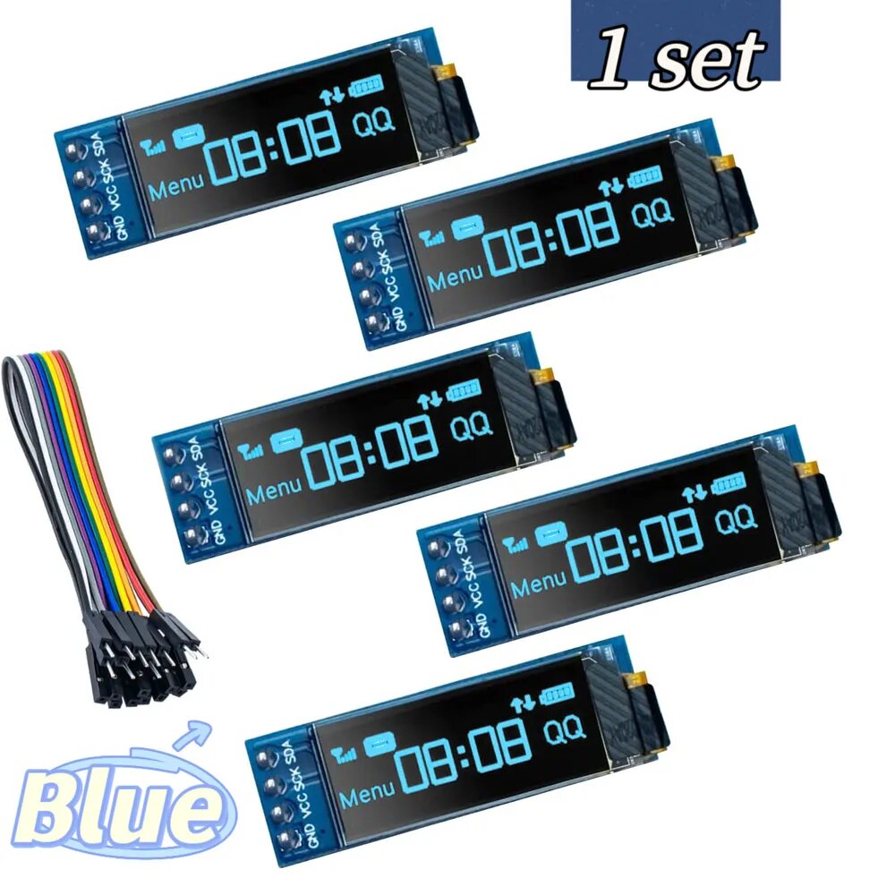5PCS 0.91 дюймовый I2C OLED дисплей синий 128x32 пикселя. Экран без подсветки, самосветящийся, 3.3-5V. Для Arduino и Raspberry Pi