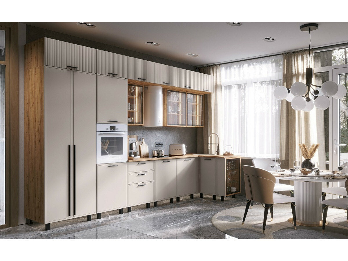 Кухонный гарнитур 3,8х1,2/1080м, с подсветкой, Крафт золотой/Кашемир