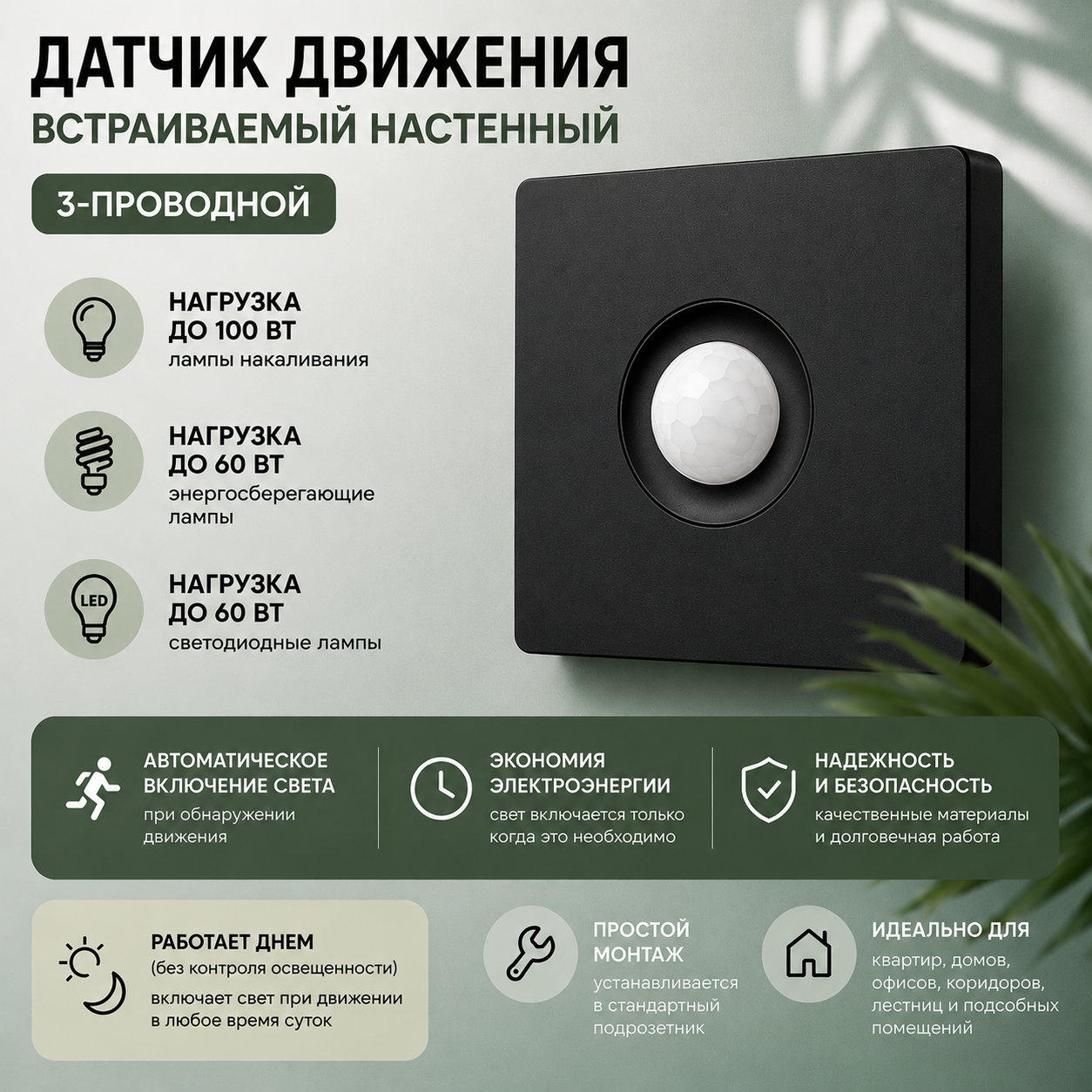Датчик движения для включения света 220В, настенный выключатель PIR, с фотодатчиком, чёрный