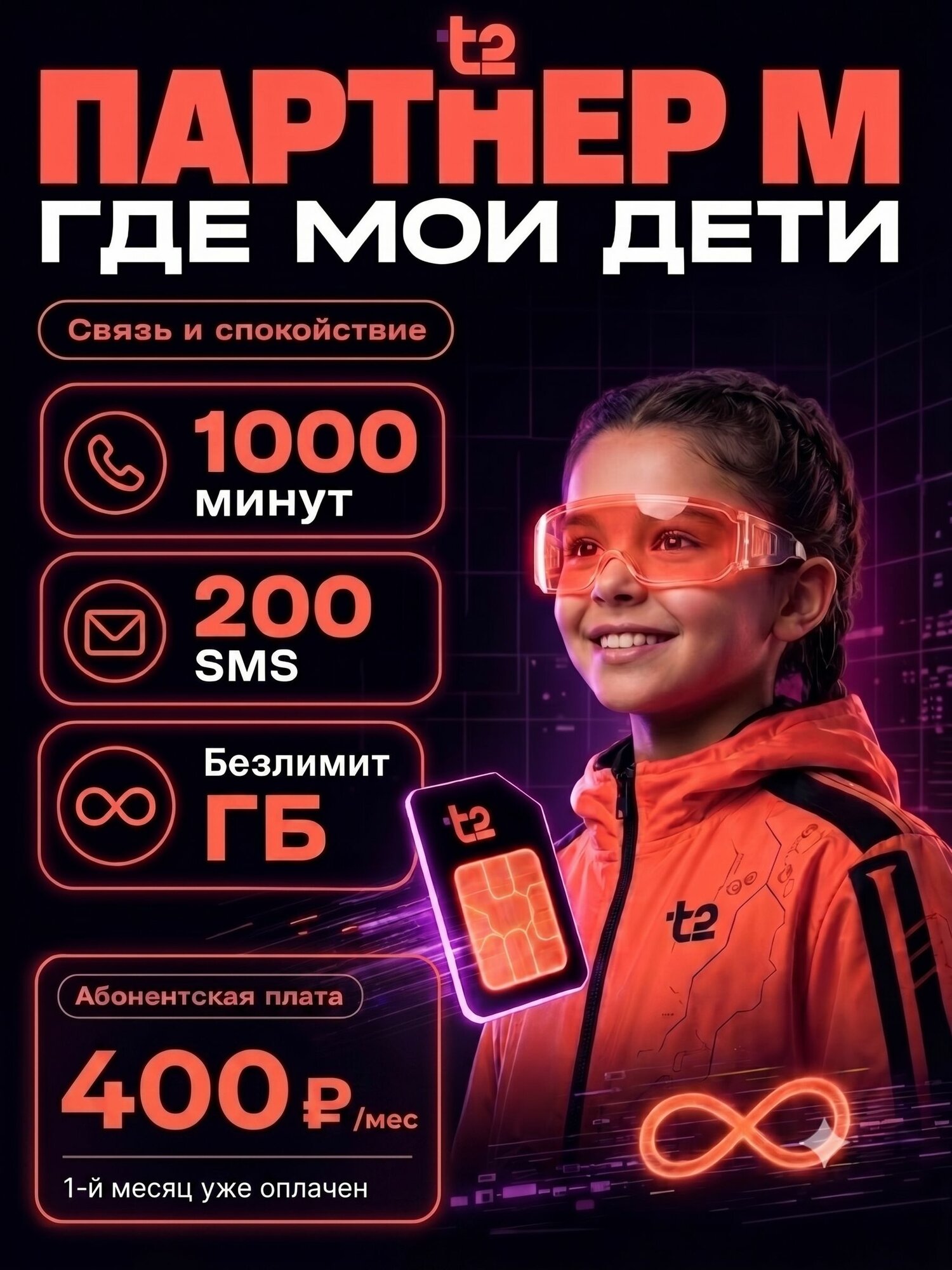 Сим карта T2 тариф Партнер M, Где мои дети, геолокация ребенка, безлимитный интернет, для роутера, телефона, смартфона и камеры видеонаблюдения 400 /мес 1000 минут, 200 SMS