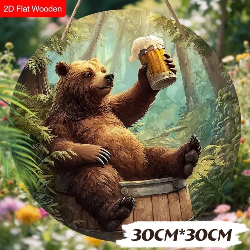 30cm*30cm, Круглая деревянная декоративная табличка с медведем и пивом, Плоские 2D-изделия