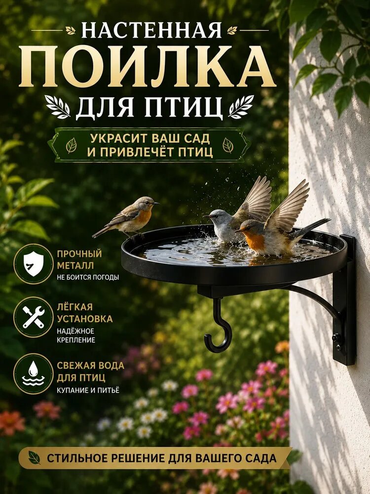 Садовая поилка для птиц настенная металлическая декоративная кормушка для сада и дачи уличная