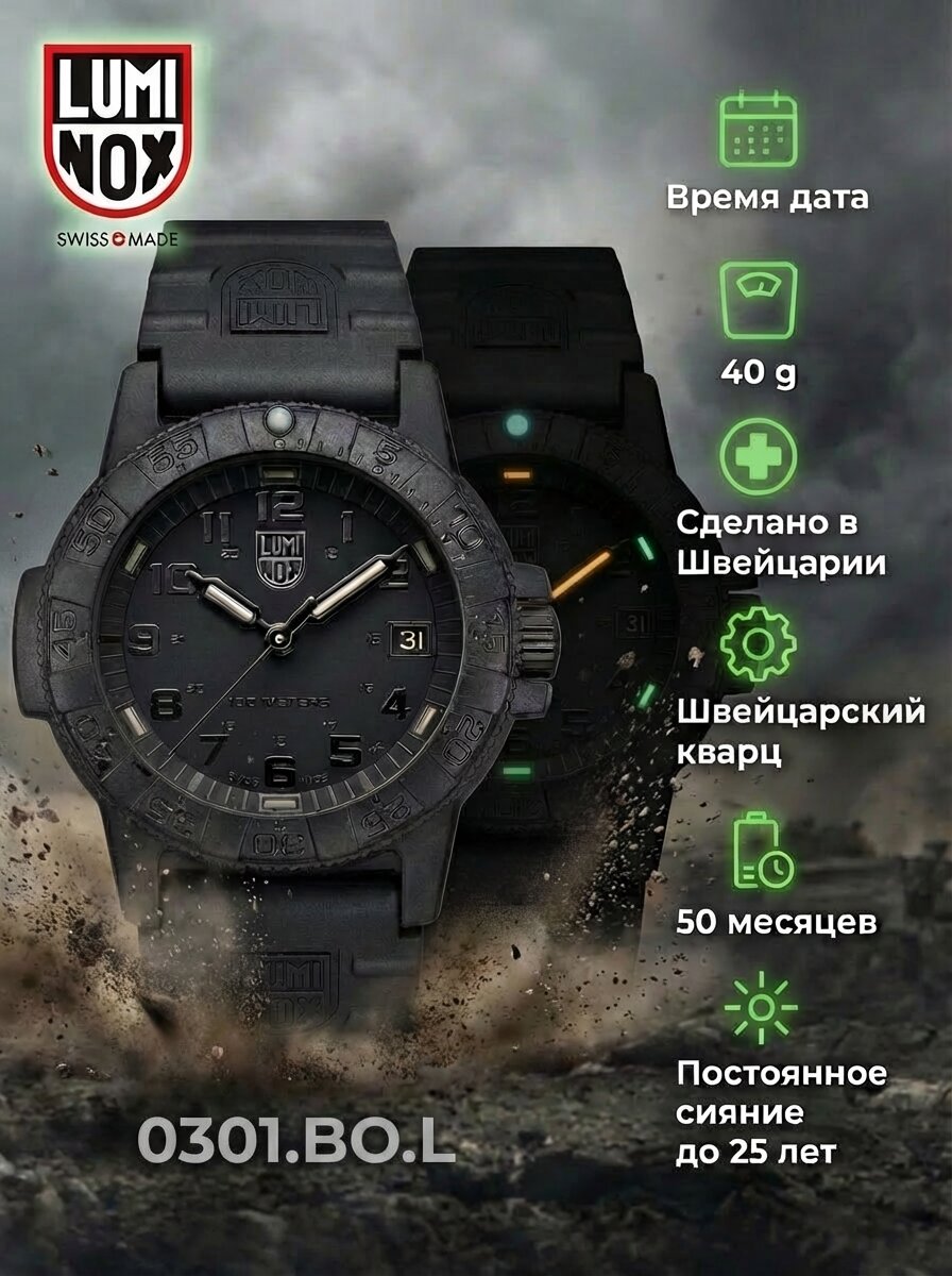 Наручные часы Luminox Leatherback Sea Turtle XS.0301. BO. L — 39 мм, CARBONOX 40 г, Blackout, водозащита 100 м