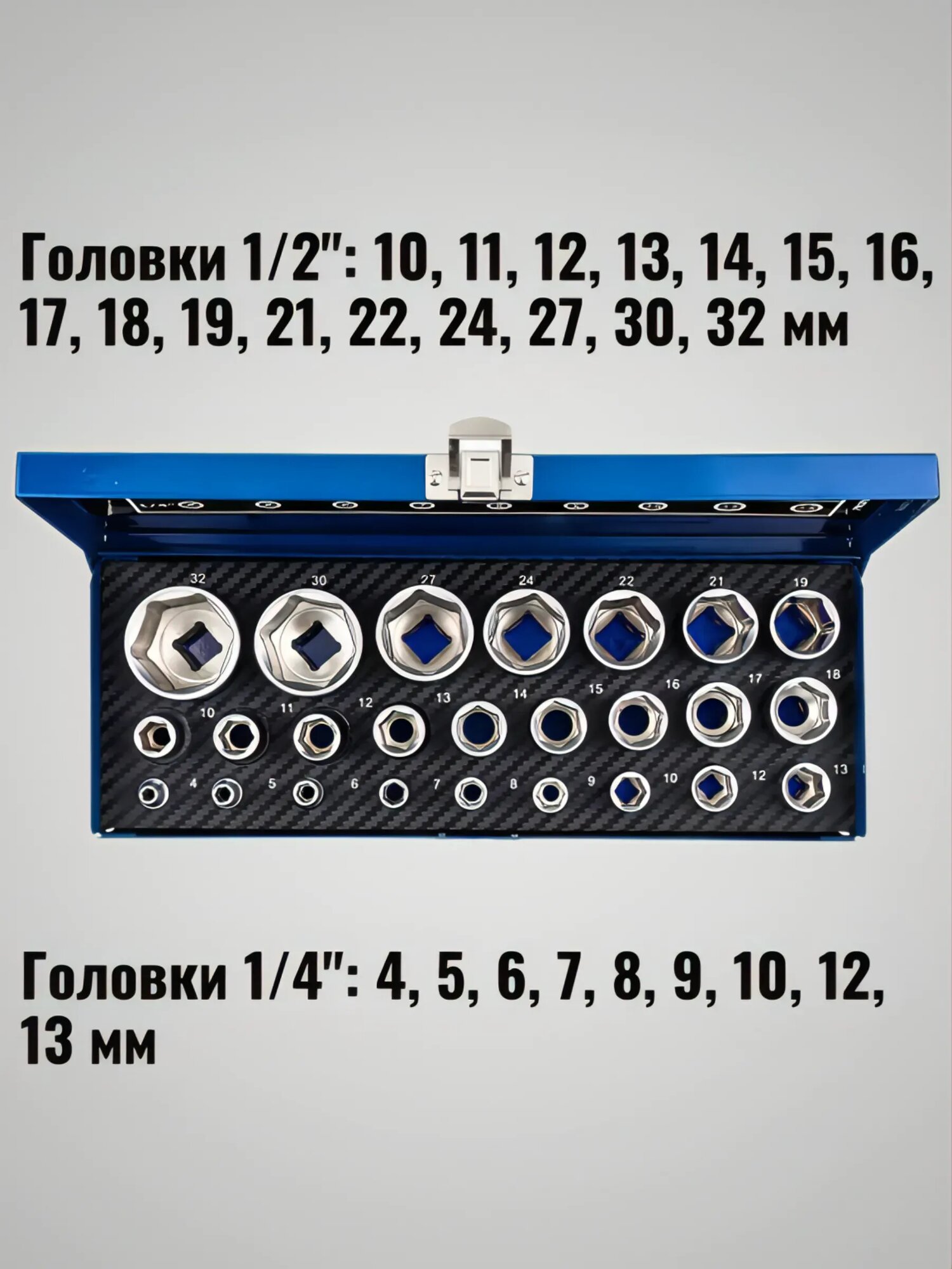 Набор торцевых головок, 25шт, в кейсе, ударные, 1/2" и 1/4", металл — фото 1
