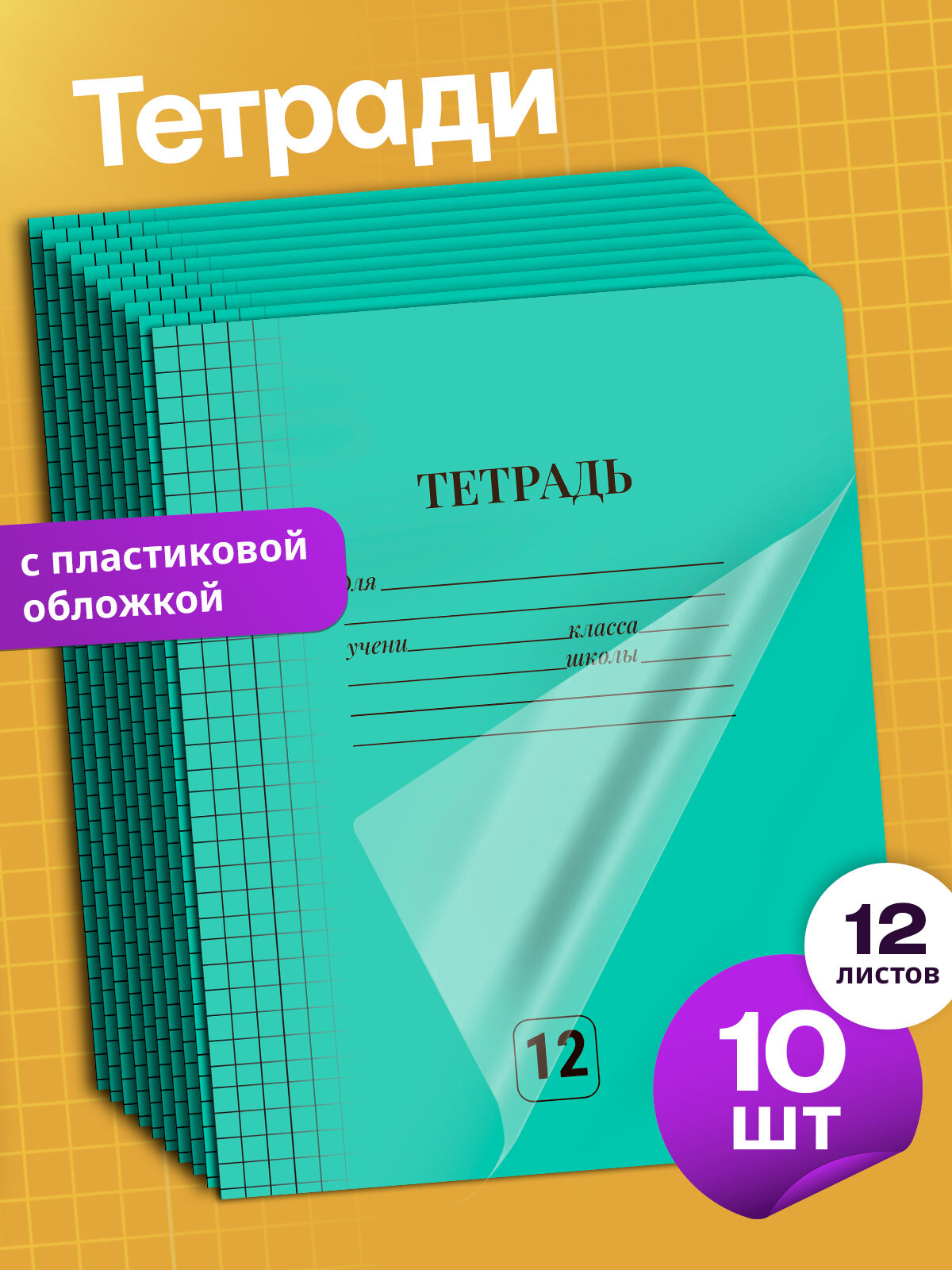 Тетради с пластиковой обложкой AXLER, 12 листов в клетку с прозрачной обложкой, набор 10 штук