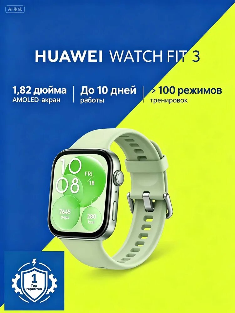 Honor Смарт-часы HUAWEI WATCH FIT 3 легкие спортивные часы с большим экраном, для сжигания жира и Bluetooth，Поддержка русского языка, 46mm, зеленый