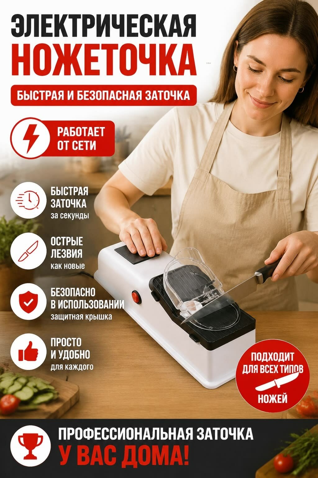 Ножеточка электрическая двусторонняя для дома, корпус АБС пластик, с защитной крышкой