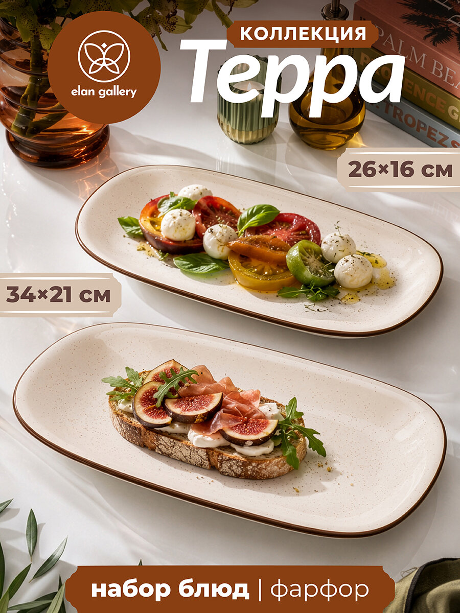 Блюдо сервировочное 2 предмета Elan Gallery Терра, 26,5*16,5*3 см, 34,5*21*3,5 см, фарфор, набор