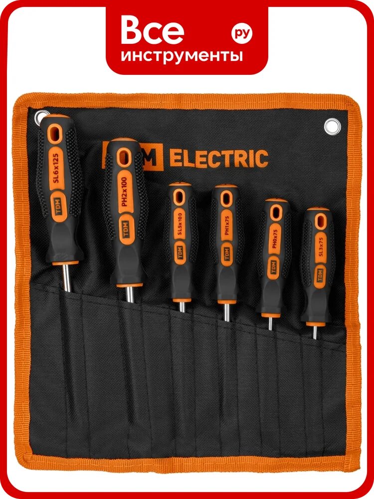Набор отверток TDM ELECTRIC 6 штук в тканевом чехле SL:3х75;5х100;6х125, PH:0х75;1х75;2х100 серия "Алмаз" SQ1013-0203