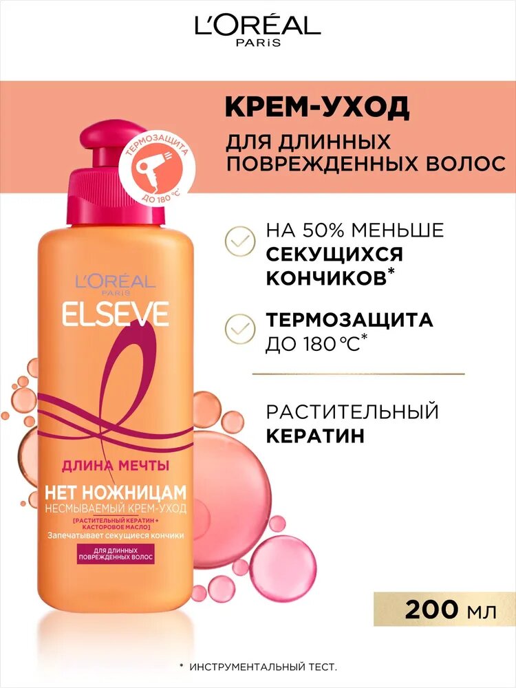 L'Oreal Paris Elseve Несмываемый Крем-уход "Нет Ножницам. Длина Мечты" с кератином, для длинных поврежденных волос, 200 мл