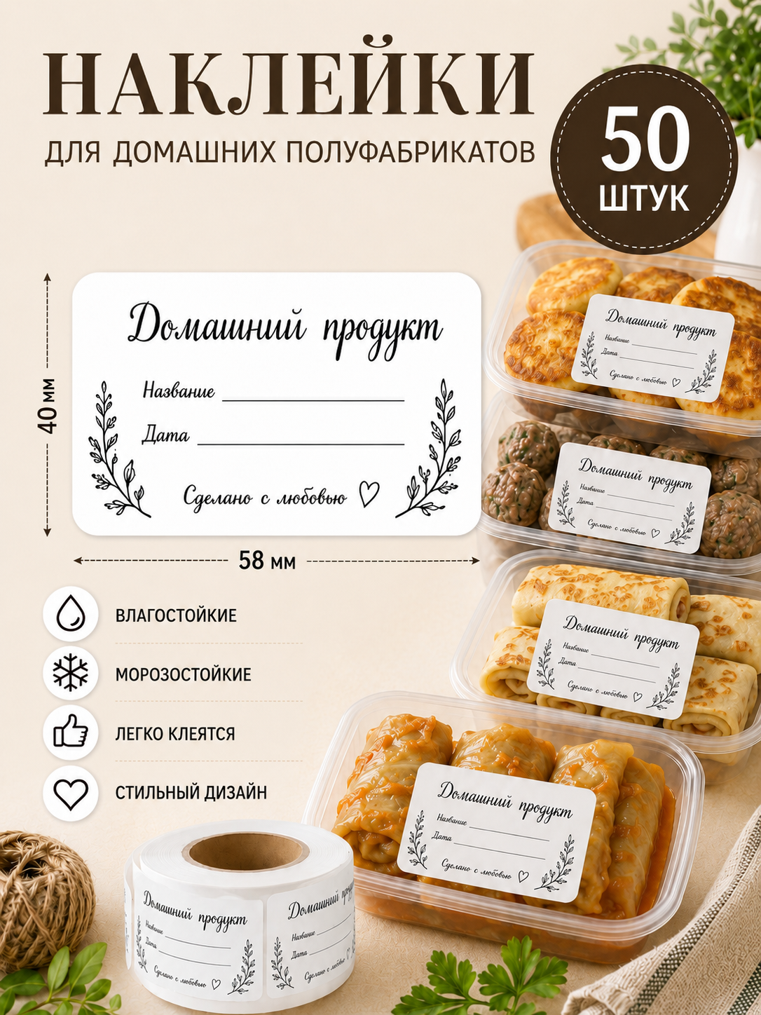 Наклейка "Домашний продукт" Homera, для подписи, 58x40 см, 50 шт.