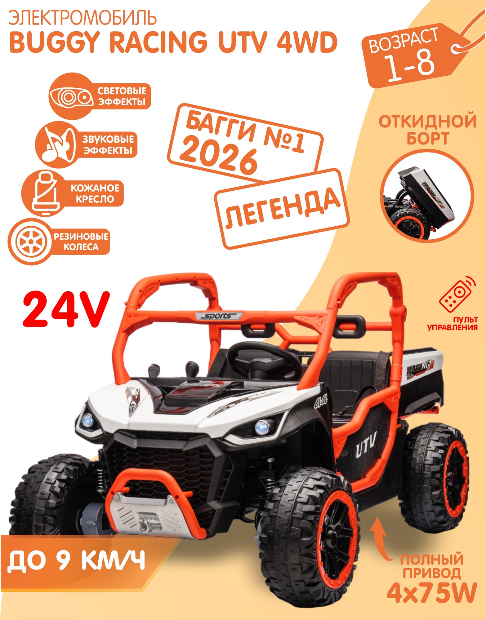 Детский электромобиль RACING UTV полный привод с багажником + пульт
