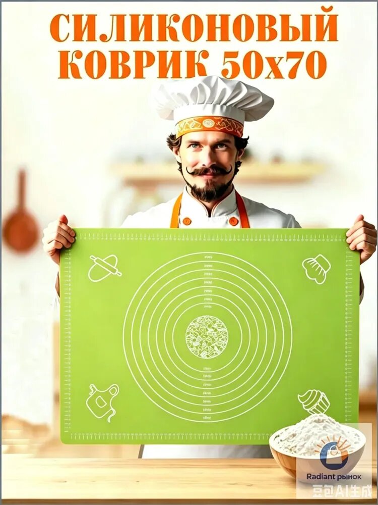 Коврик для приготовления силиконовый 0.7м х 50 см, зеленый, 1 шт