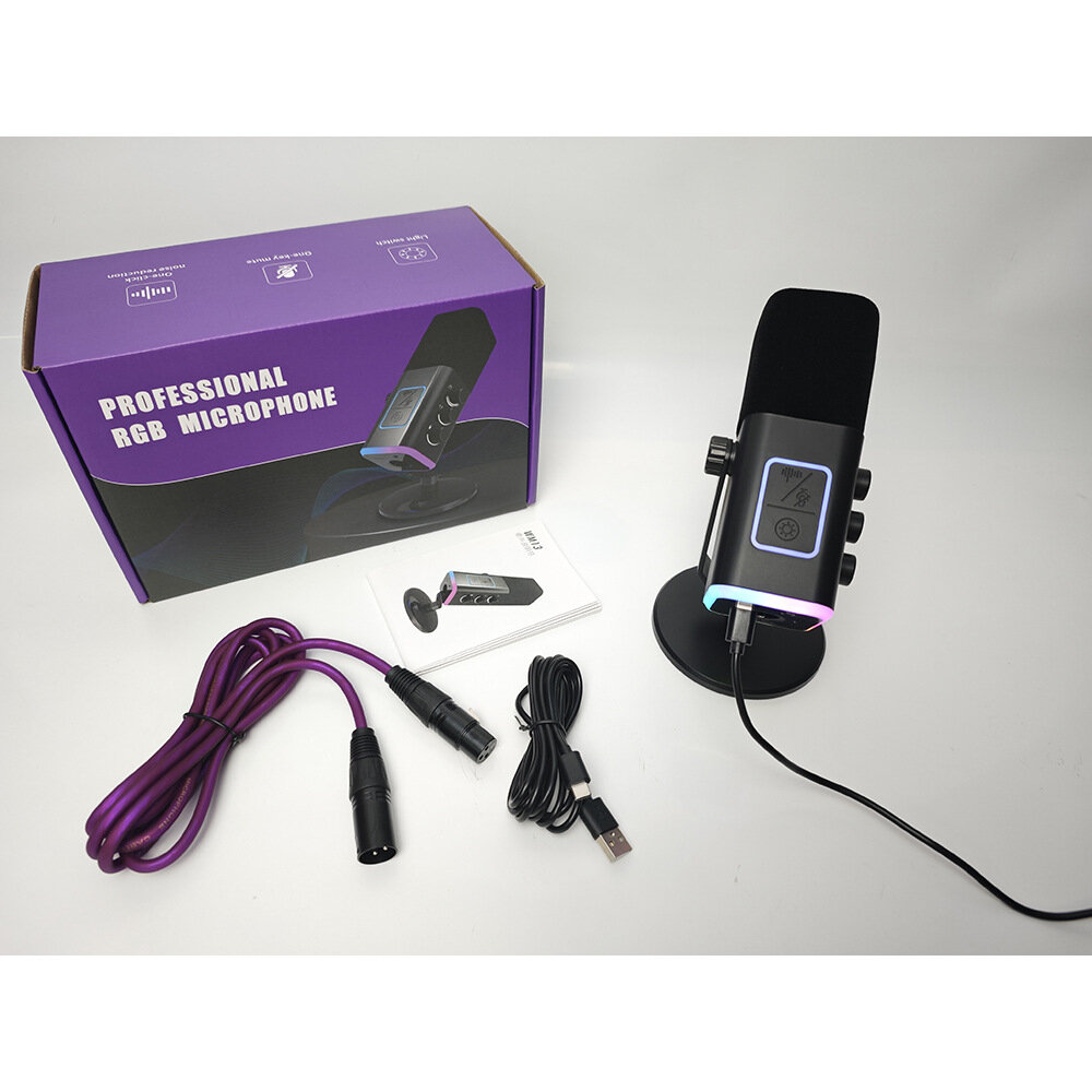 WM13 RGB игровой микрофон с настольной дисковой подставкой, USB-кабелем и аудиокабелем XLR, шумоподавление,