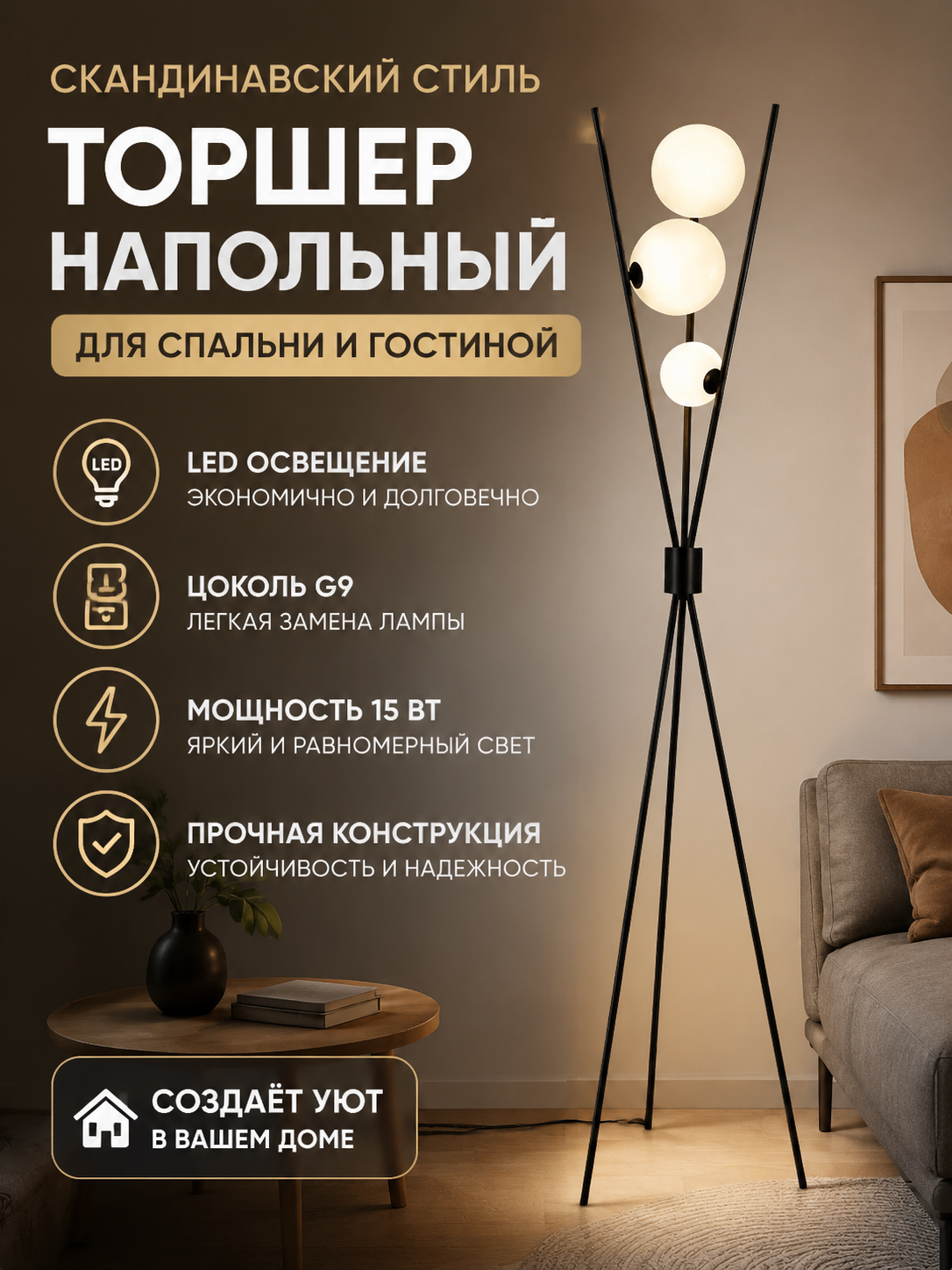 Скандинавский современный стиль, Торшер для спальни и гостиной, LED, G9, 15 Вт, Чёрный