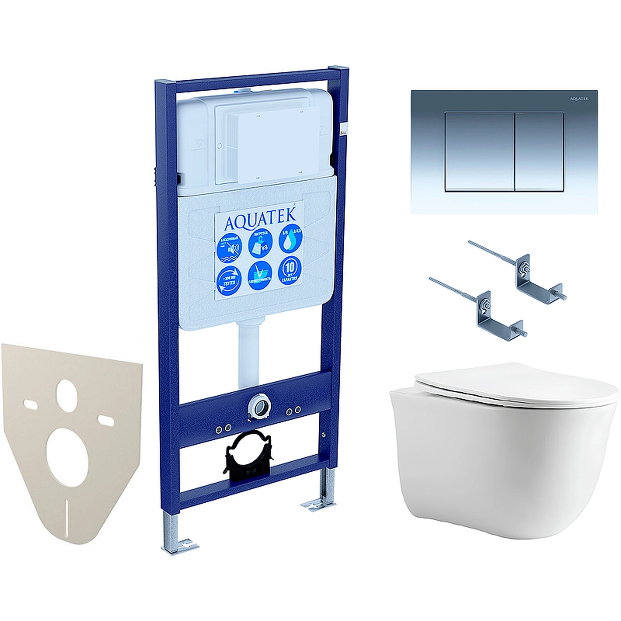 Комплект унитаза с инсталляцией Aquatek Set Aquatek Классик cm-010 4в1 с сиденьем Микролифт и клавишей смыва Хром глянцевый