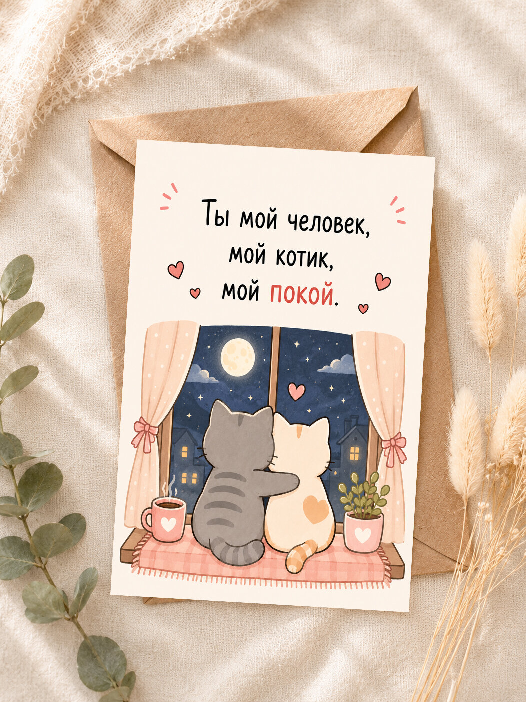 Открытка "Ты мой человек, мой котик, мой покой", романтичная с котиками у окна, конверт, 10х15
