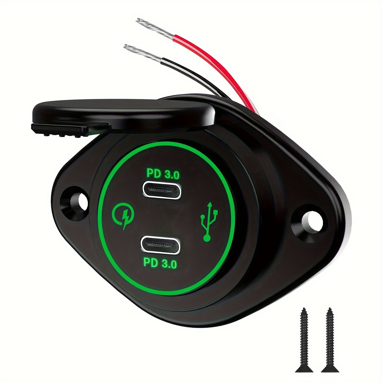 Двойное USB автомобильное зарядное устройство с быстрой зарядкой PD3.0, разъем Type-C, настенное крепление, 12-24В, с крышкой, зеленый индикатор, для авто, RV, лодок, кораблей, грузовиков, мотоциклов и автобусов