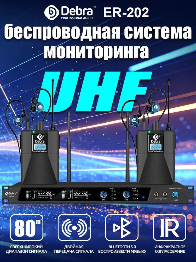Профессиональная моно система внутриушного мониторинга Debra ER-202 UHF передача, IR-синхронизация частот Для сцены и репетиций