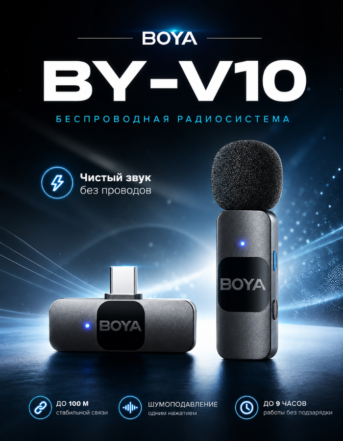 Радиосистема BOYA BY-V10, беспроводная, электретный микрофон, USB Type-C
