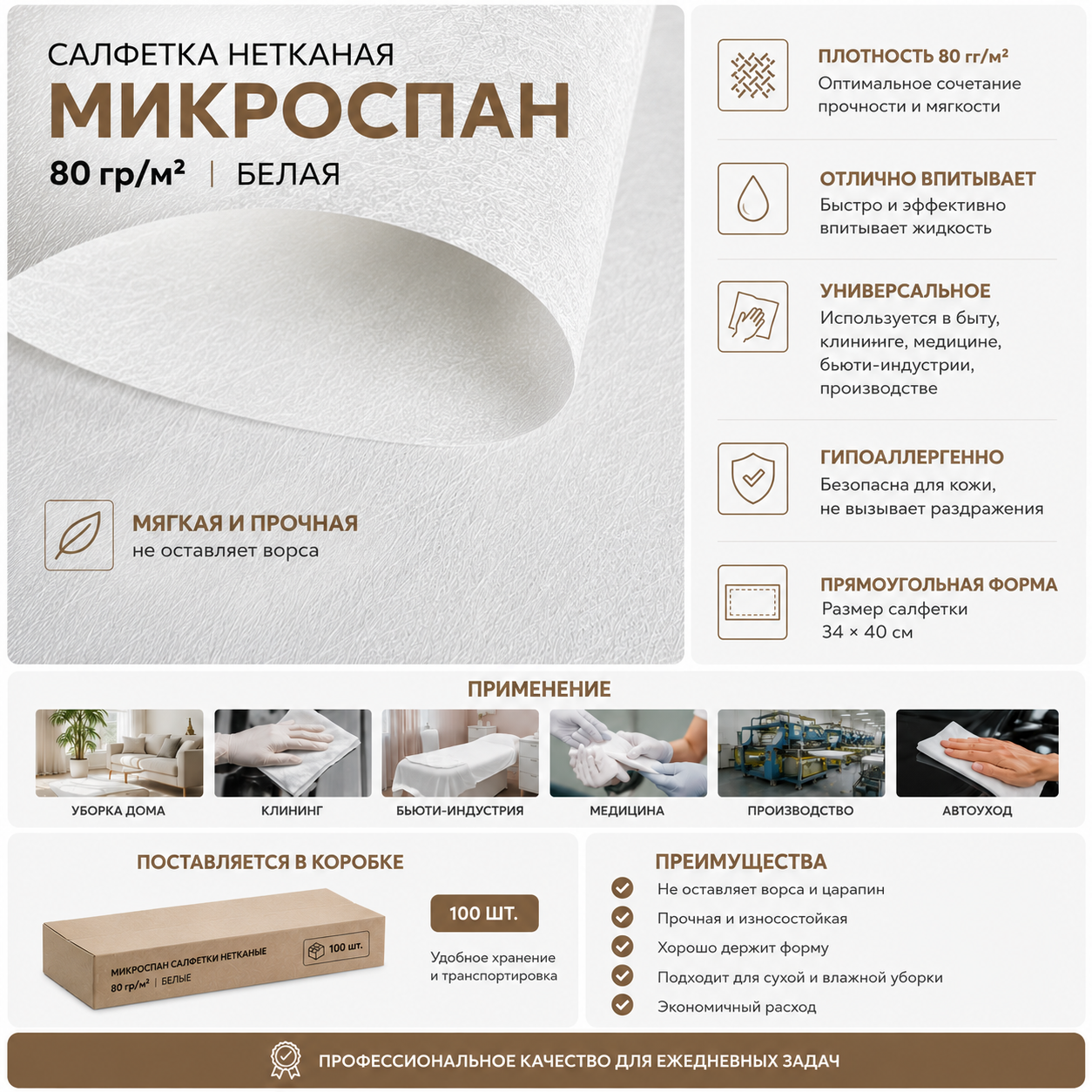 Салфетка белая нетканая микроспан МС80-01 34*40см белая 80 гр, для стекол и зеркал 100 штук