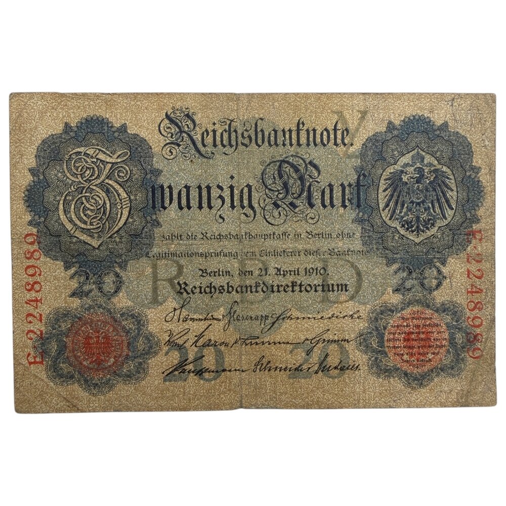 Германская империя (Германия) 20 марок 1910 г. (Без ВЗ) (Литера Y) (Серия E) (7-значный номер)