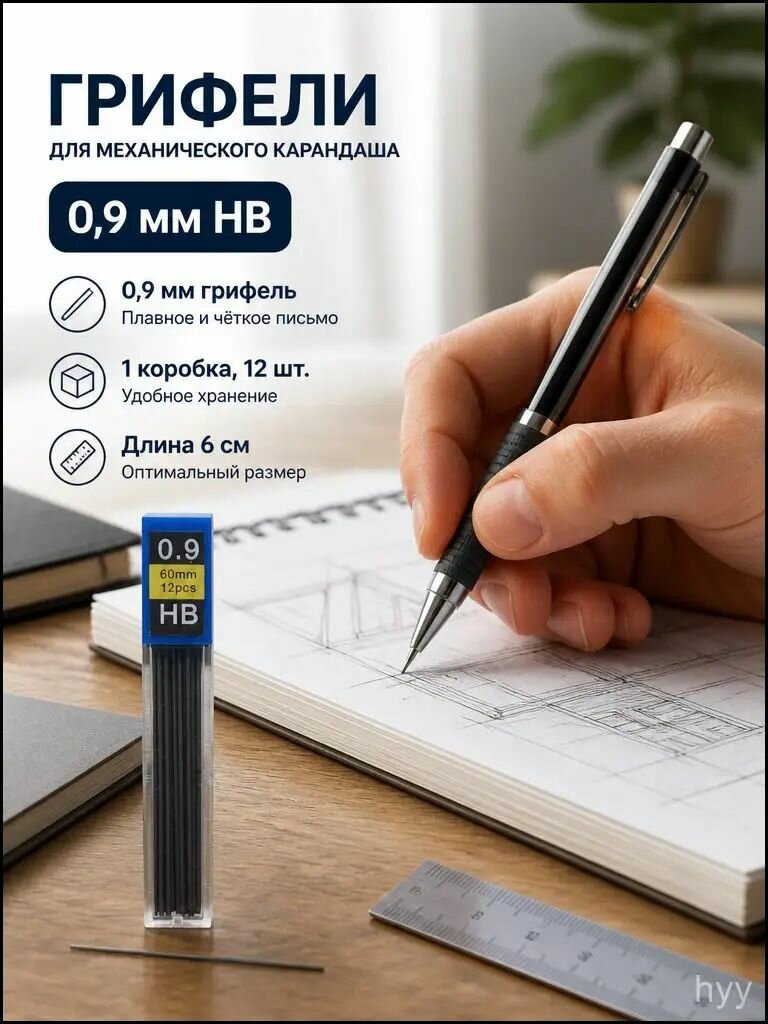 Грифель для карандаша 0.9 мм, твердость: HB (Твердо-мягкий), 12 шт.