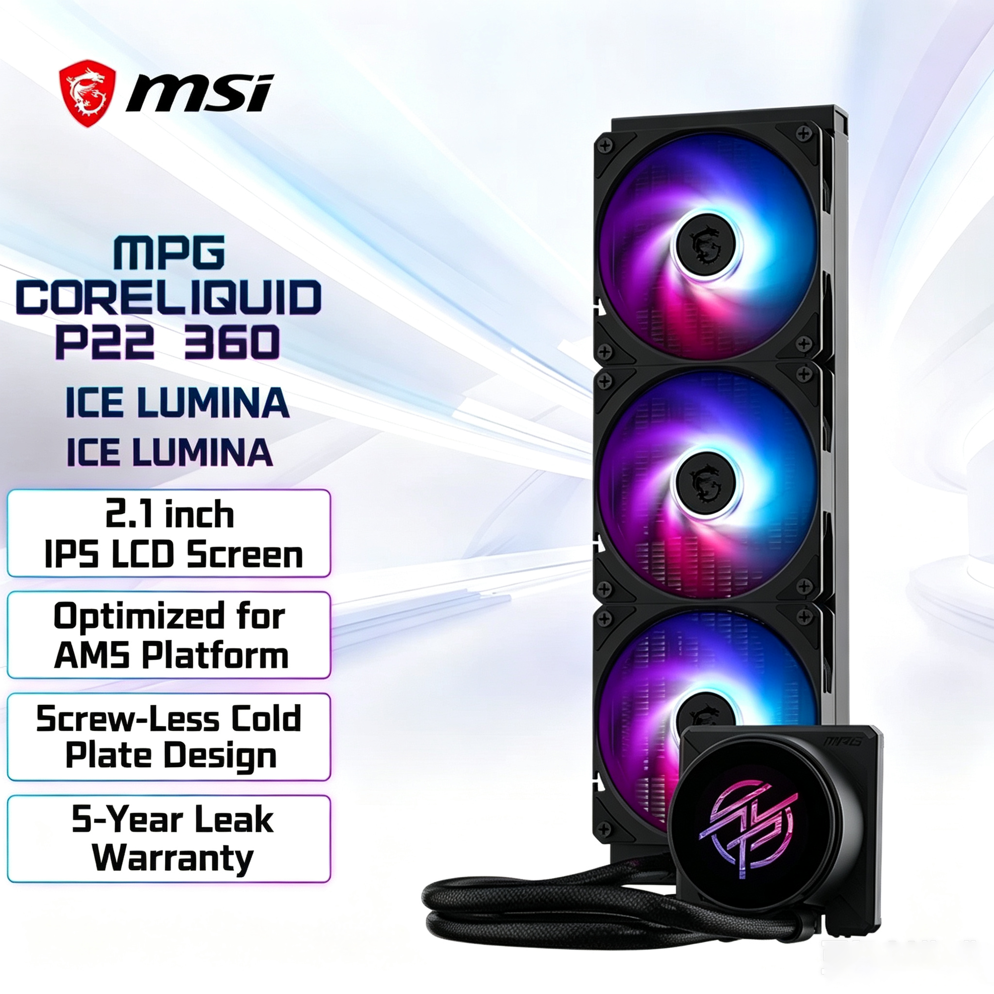 MSI MPG CORELIQUID P22 360, жидкостный кулер процессора AIO черный с 2.1-дюймовым настраиваемым IPS дисплеем, false,1600,