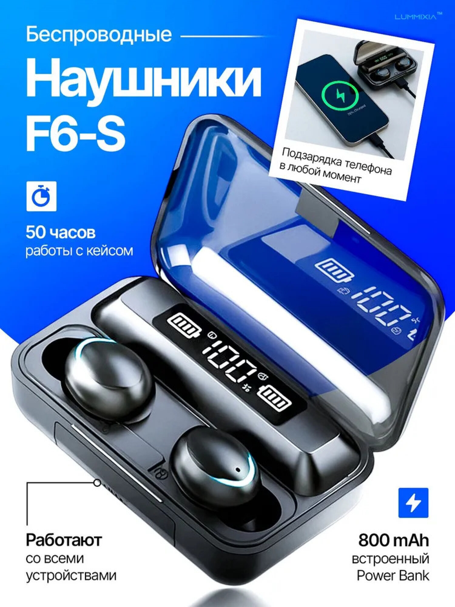 Беспроводные наушники Lummixia TWS F6-S, с Bluetooth микрофоном для смартфона Iphone, Android, черные, 2026