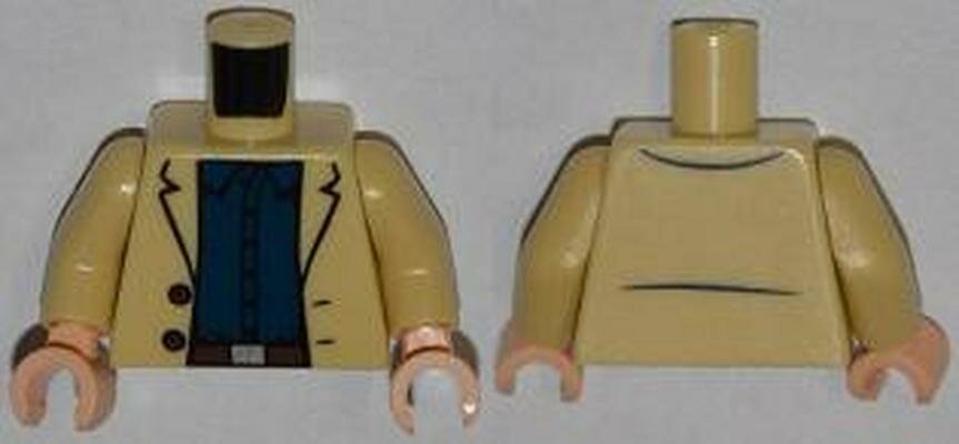 Деталь Lego 973pb1392c01 Torso Jacket with 2 Buttons, Dark Blue Shirt and Belt Pattern / Tan Arms / Light Nougat Hands