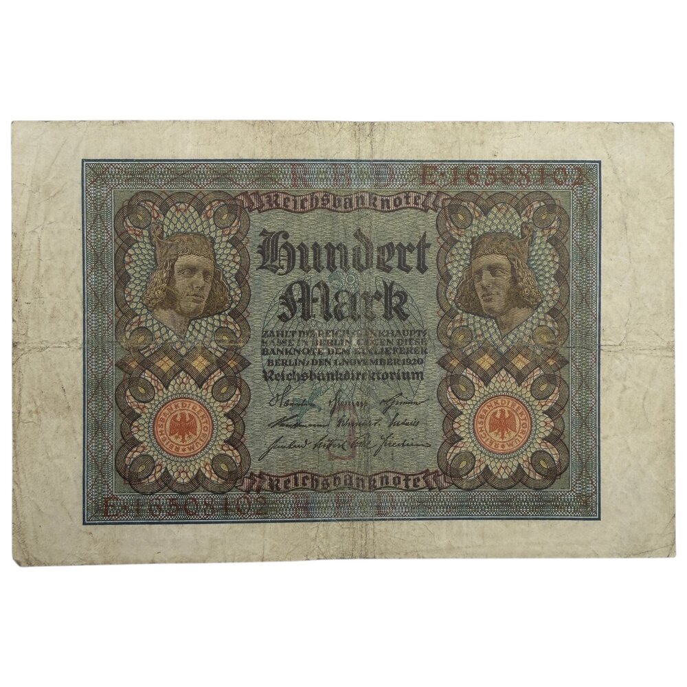 Веймарская республика (Германия) 100 марок 1920 г. (Литера J) (Серия E) (8-значный номер)