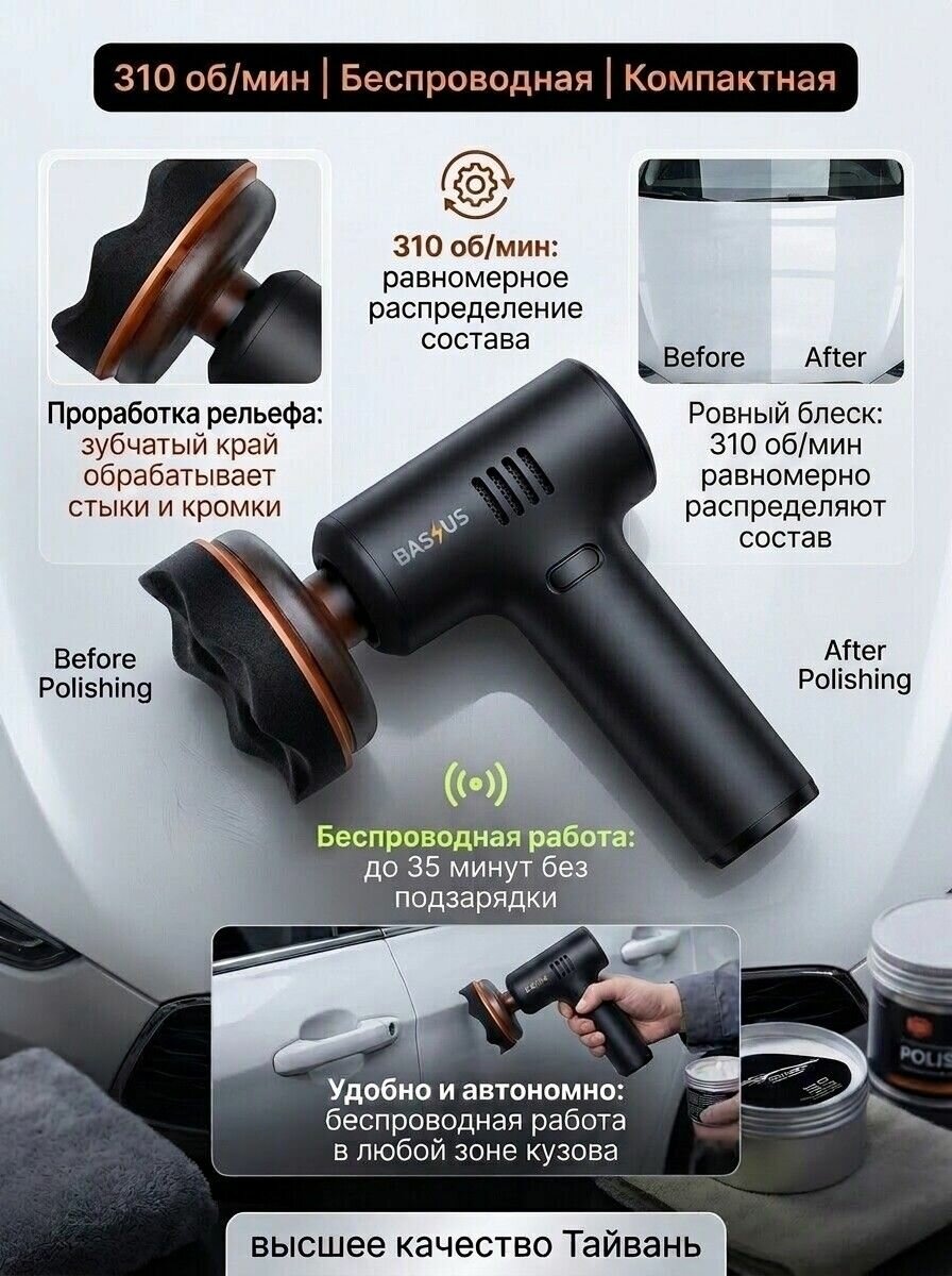 Полировальная машинка универсальная Neopower Wireless Mini Car Waxer Lite/ Беспроводная, 310 об/мин, черная