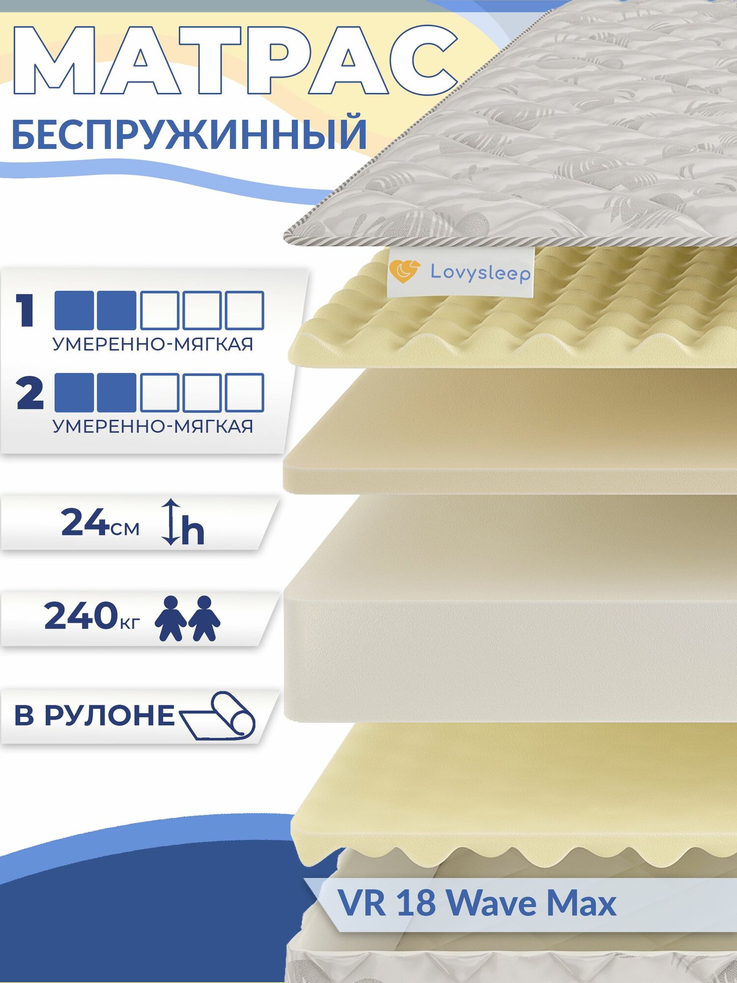 Матрас VR 18 Wave Max 80х200 см, беспружинный, 24 см, односпальный, двусторонний, умеренно-мягкий, в рулоне
