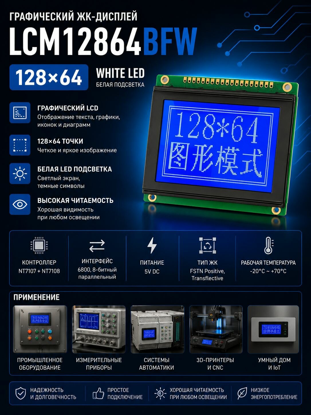 Графический ЖК-дисплей LCM12864BFW 12864, белая LED-подсветка, 5 В