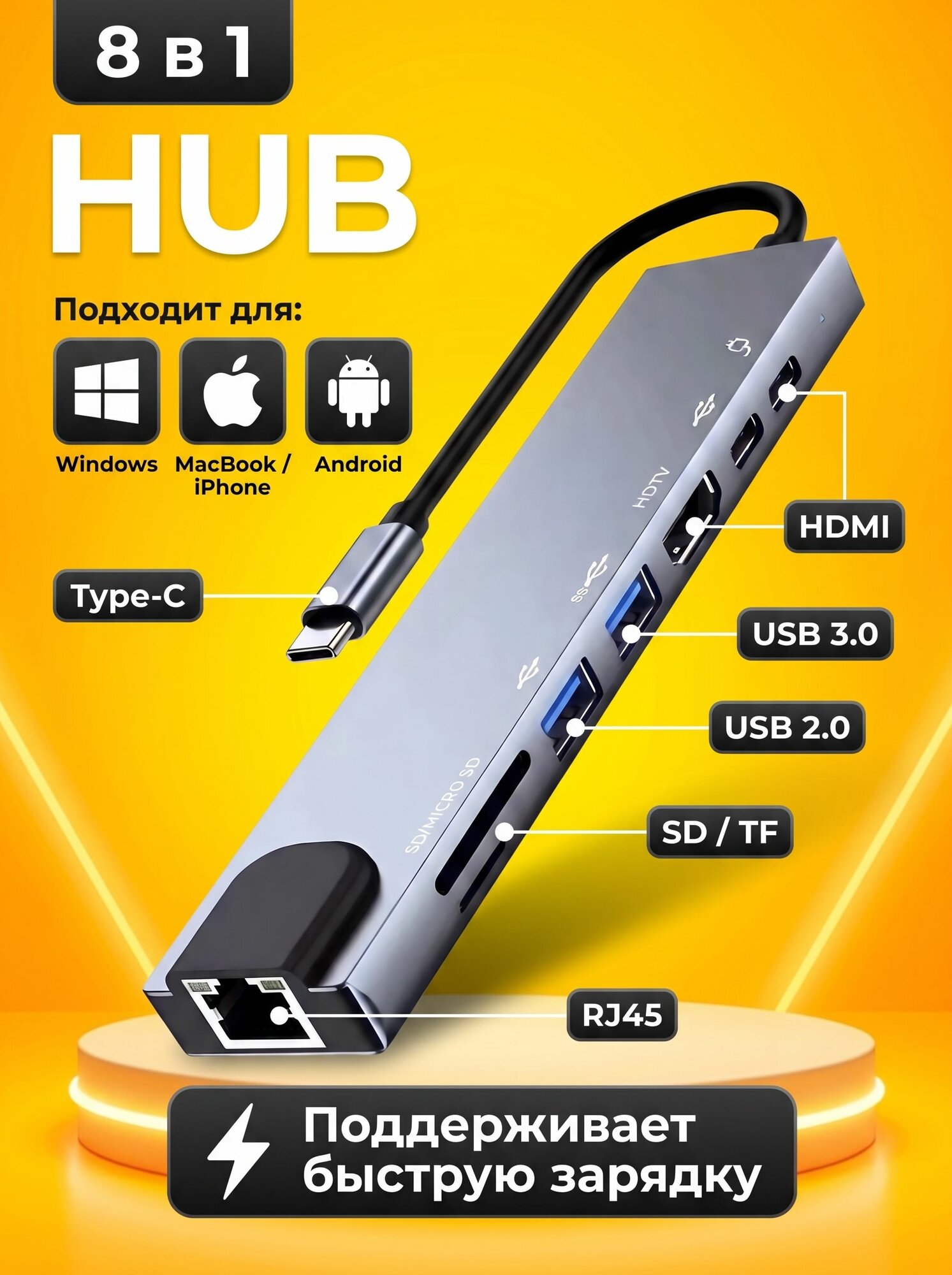 USB хаб 3.0/ USB разветвитель на 8 портов/ USB концентратор/ USB 3.0 Hub: USB, Type-C, HDMI, Ethernet, microSD, SD. Разветвитель, картридер для ноутбука macbook