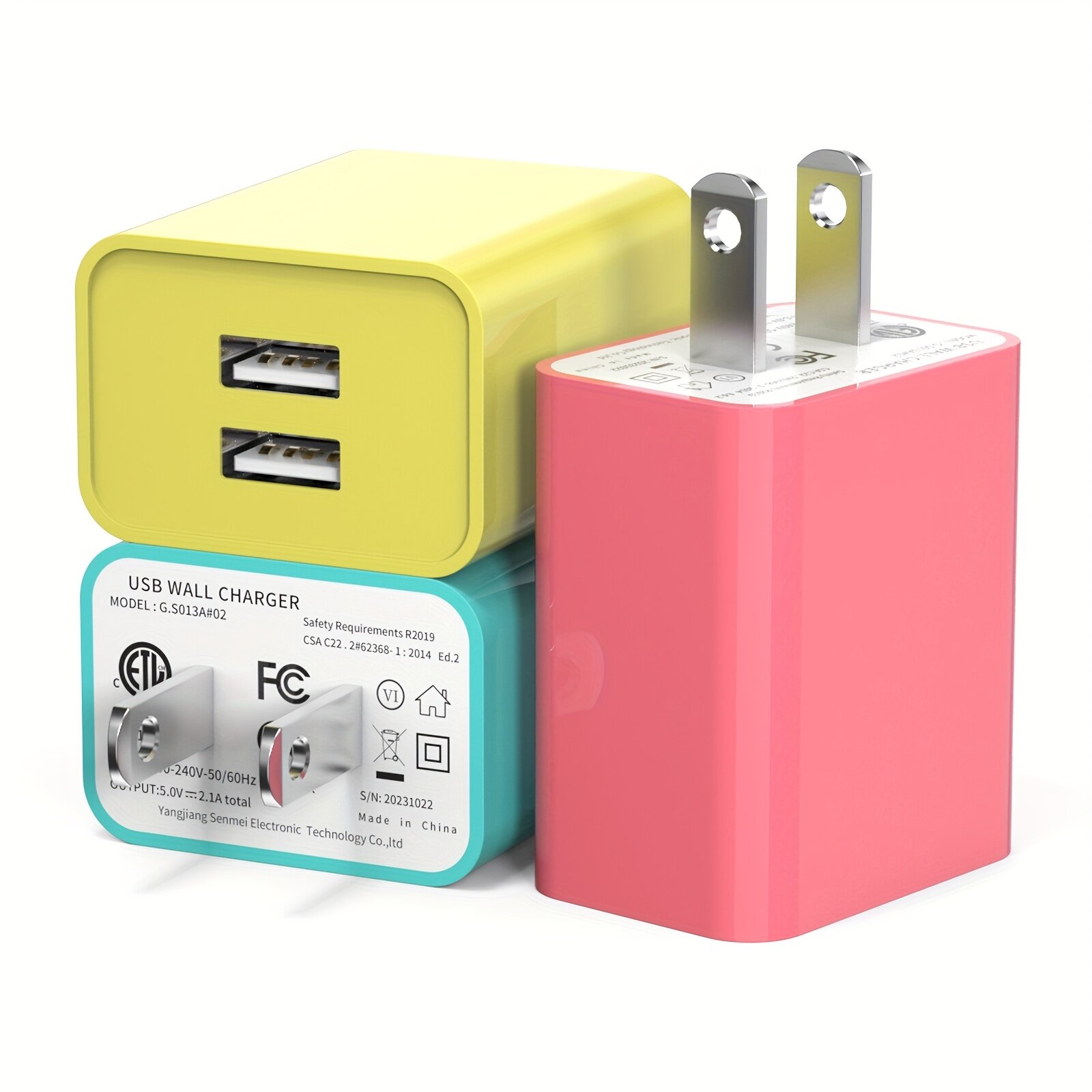 Набор из 5 зарядных устройств USB, 2.1A/5V, двойной порт, цвета: жёлтый, зелёный, розовый