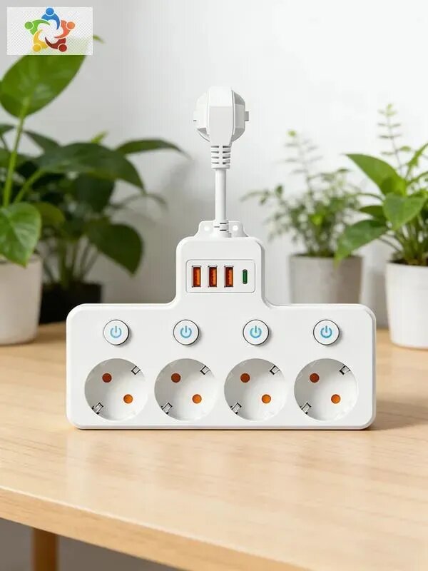 Удлинитель сетевой 8-в-1: 4 розетки + 4 USB (3xA, 1xC), индивидуальные выключатели, быстрая зарядка, защита от перегрузок, для дома и офиса