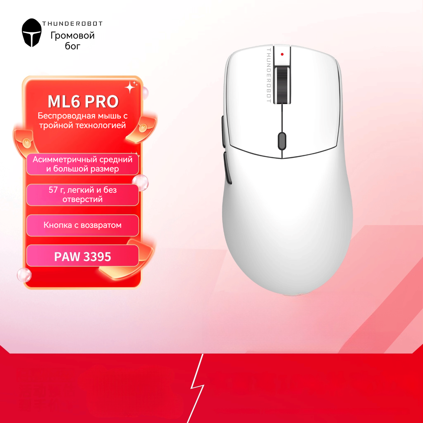 ThundeRobot ML6PRO, Легкая игровая мышь, проводная / 2,4 G/ Bluetooth, с трехрежимным подключением, DPI26000 IPS650