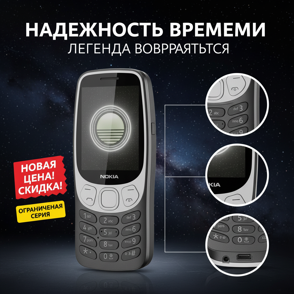Кнопочный телефон NOKIA 3210 4G, Dual Sim, EAC, черный (TA-1618)