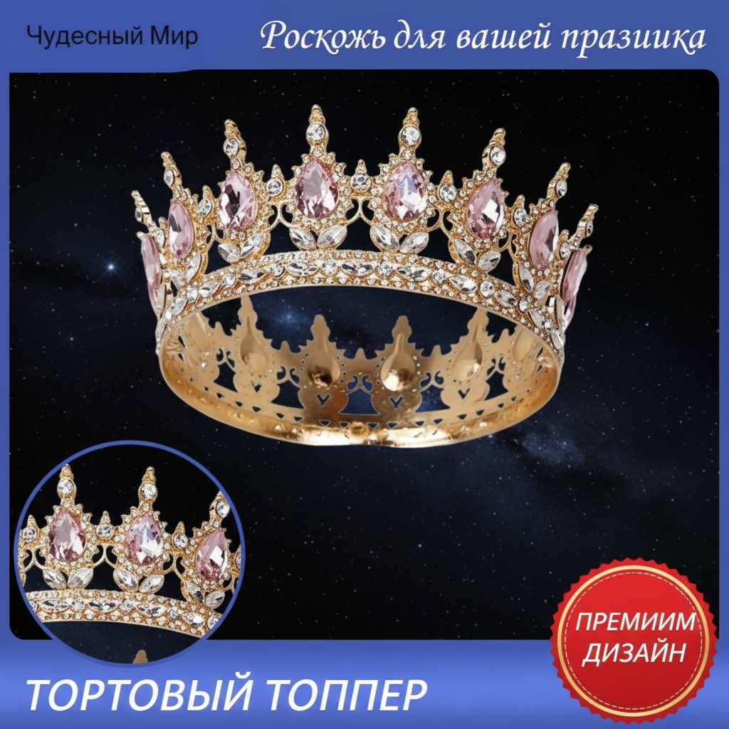 Украшение торт корона золотая розовый бриллиант биопластик 200 г
