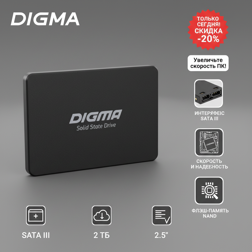 Digma 2 ТБ Внутренний SSD-диск Run S9 SATA III 2.5", 2.5", SATA III (DGSR2002TS93T)