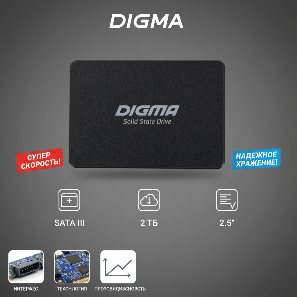 Digma 2 ТБ Внутренний SSD-диск Run S9 SATA III 2.5", 2.5", SATA III (DGSR2002TS93T)